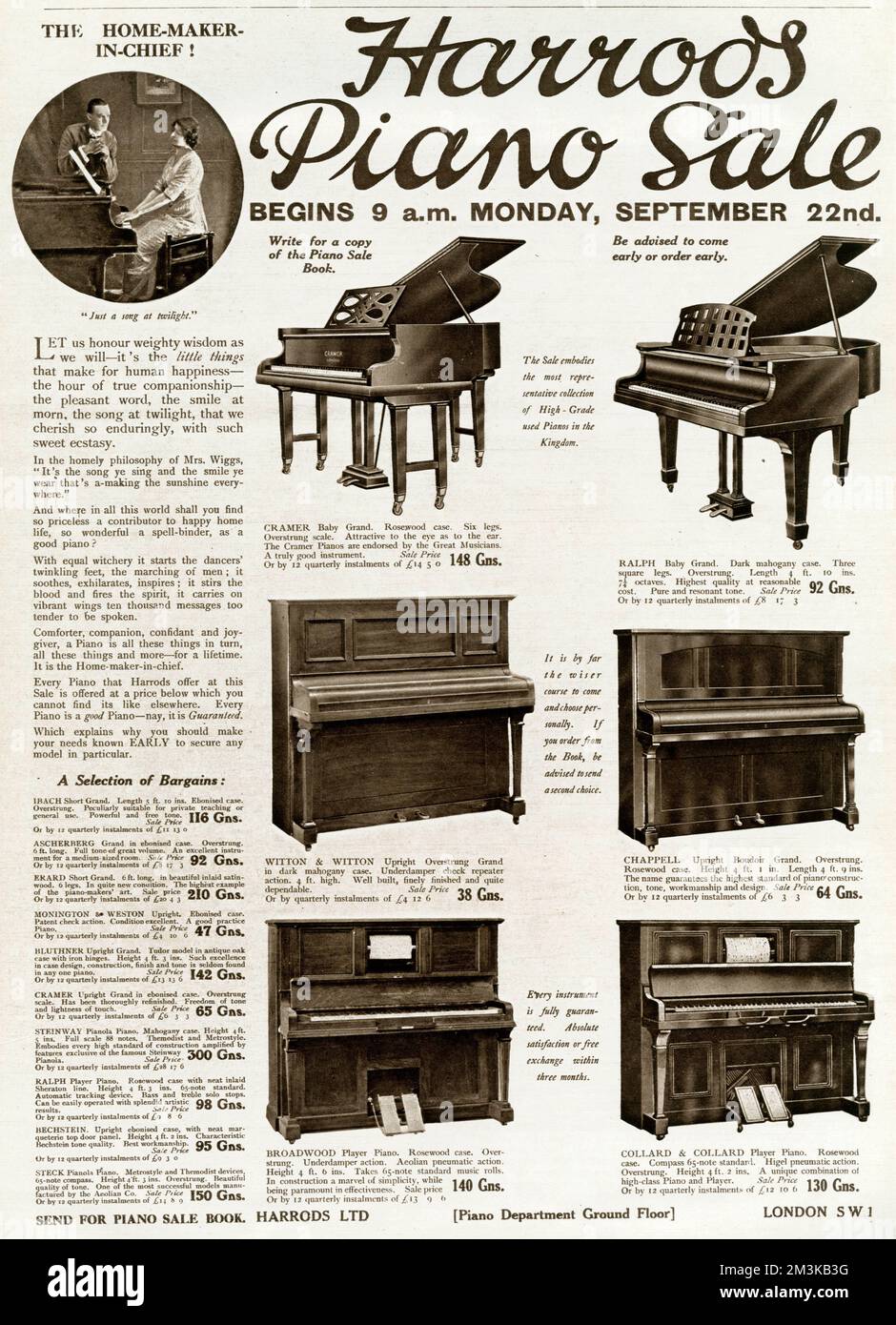 Advert for Harrods piano sale 1919 Stock Photo - Alamy