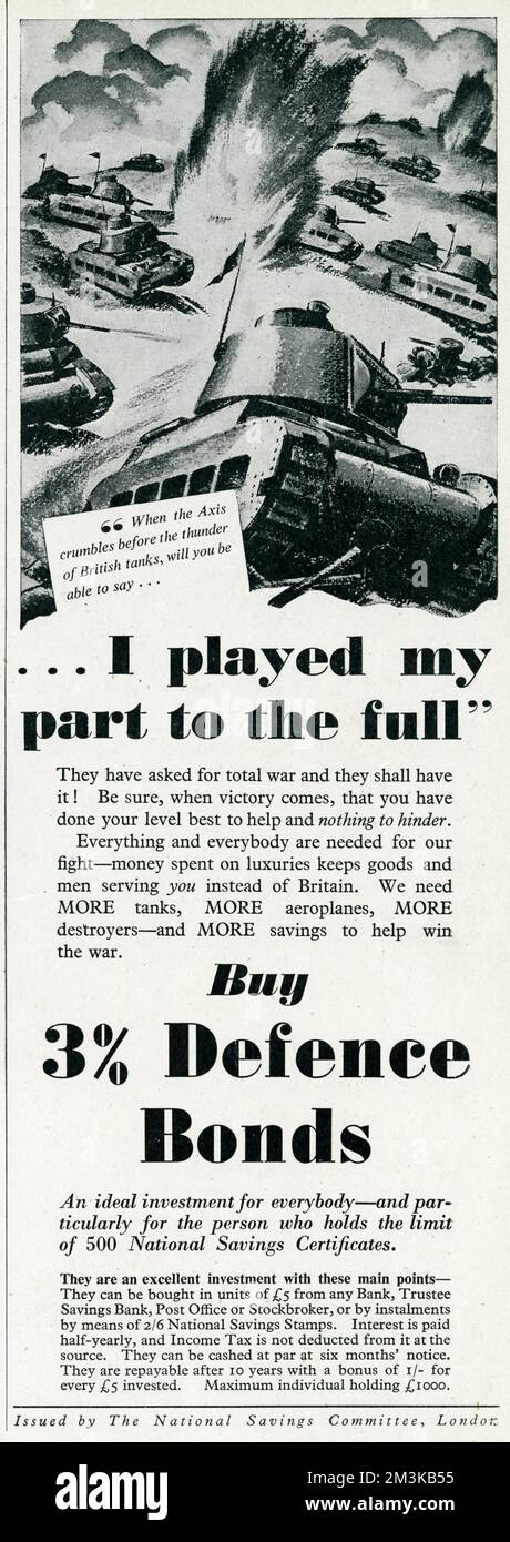 Advert for buying Defence Bonds in WW2 1941 Stock Photo - Alamy