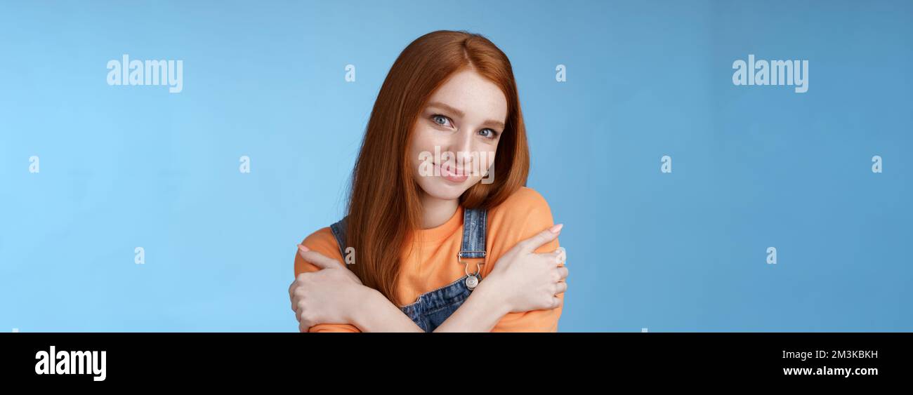 Romantic sensitive flirty young redhead girlfriend feel warmth embraces ...