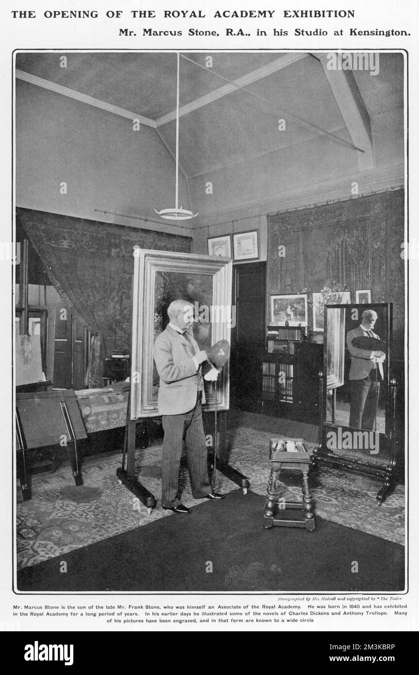 Marcus Stone, R.A. (1840 - 1921), artist and painter, pictured at work ...