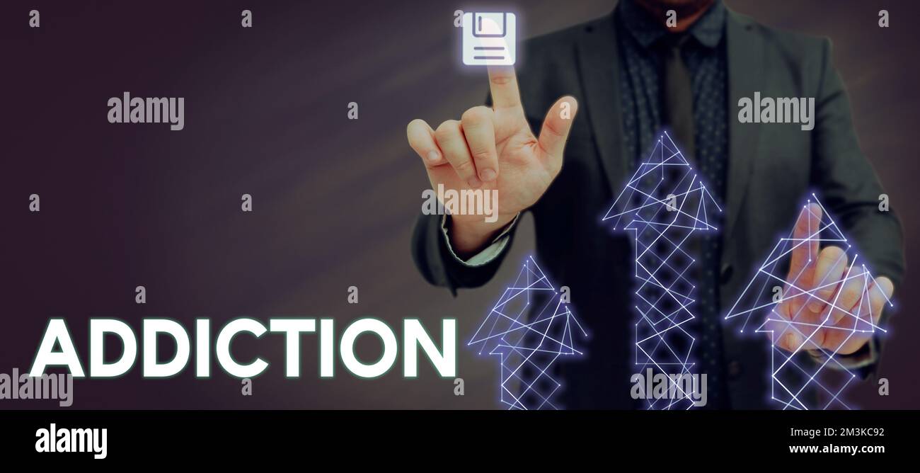 Hand writing sign Addiction. Business concept condition of being ...