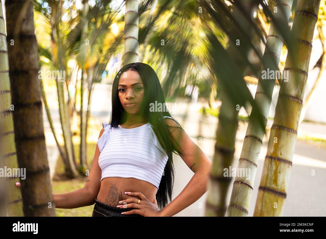 Young black woman standing under tree surouned by the green leafs ...