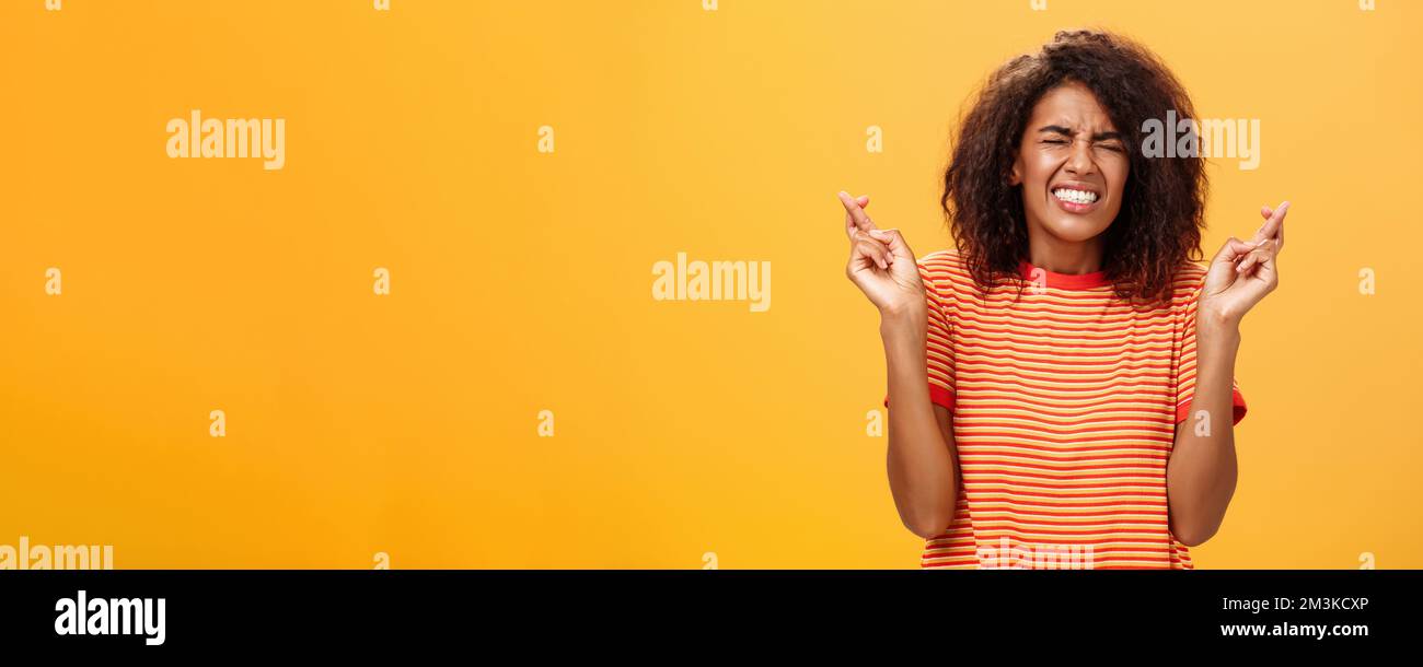 Waist-up shot of concerned worried woman eager take important job ...