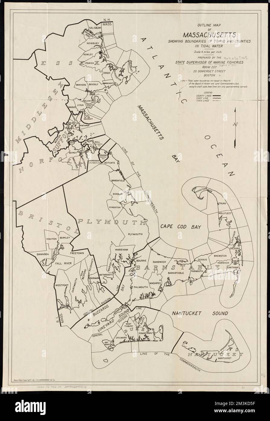 Outline map of Massachusetts showing boundaries of towns and counties ...