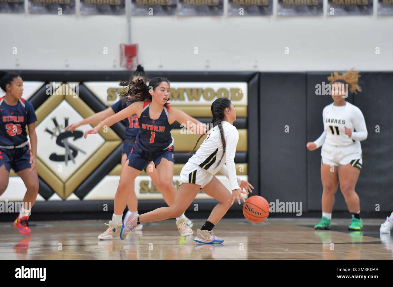 USA. Point guard dribbling across the court while attempting to set up ...