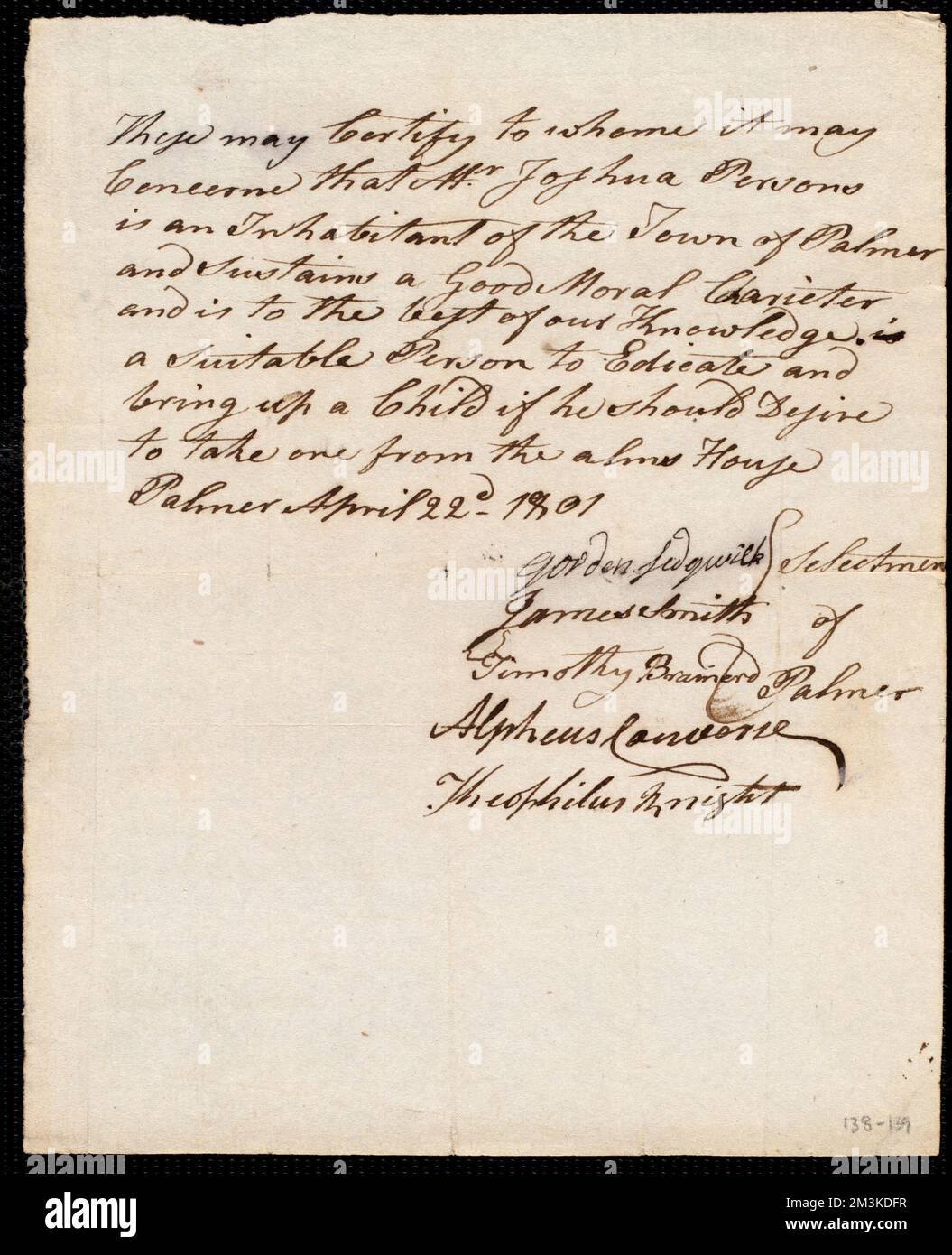 Overseers of the Poor of the town of Boston. Endorsement Certificate ...