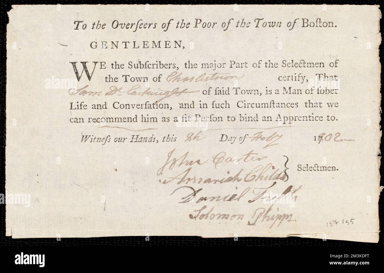 Overseers of the Poor of the Town of Boston. Endorsement Certificate ...