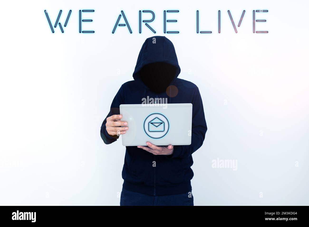 Writing displaying text We Are Live. Concept meaning continuous report ...