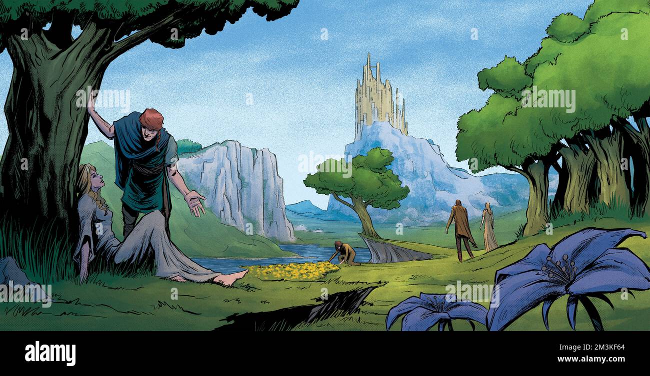 beautiful scenery of a nordic mythological kingdom with a castle in the ...