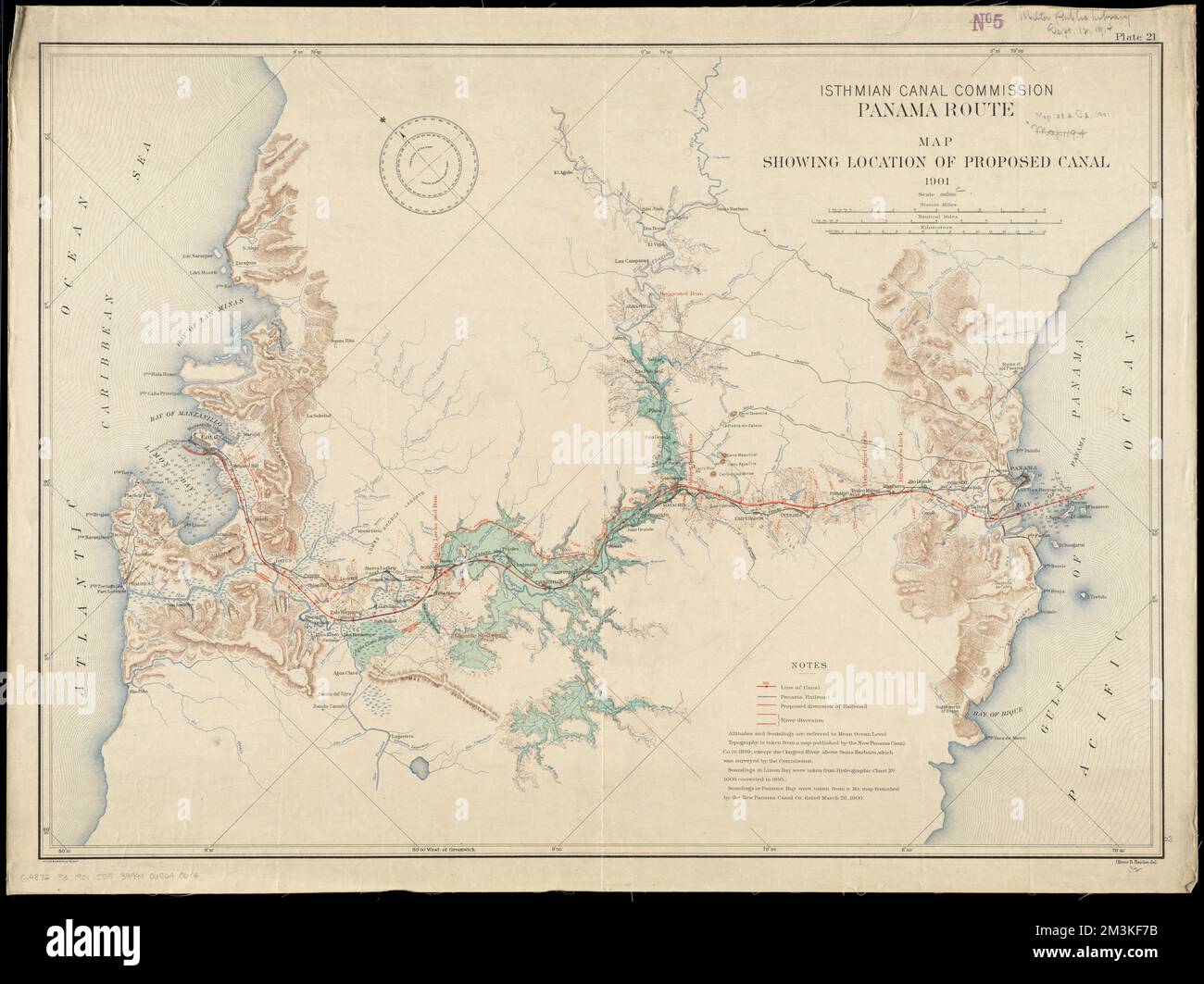 Panama route, map showing location of proposed canal , Panama Canal ...