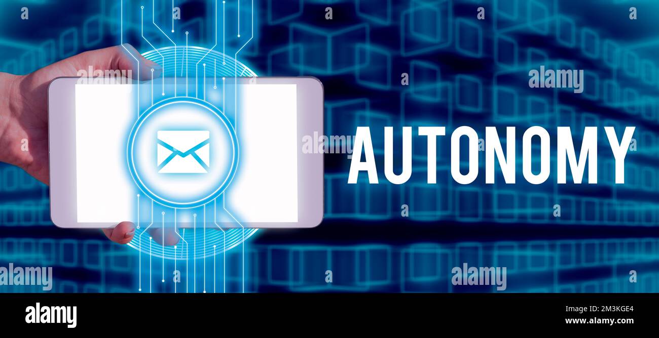 Sign displaying Autonomy. Conceptual photo vehicle that can guide ...