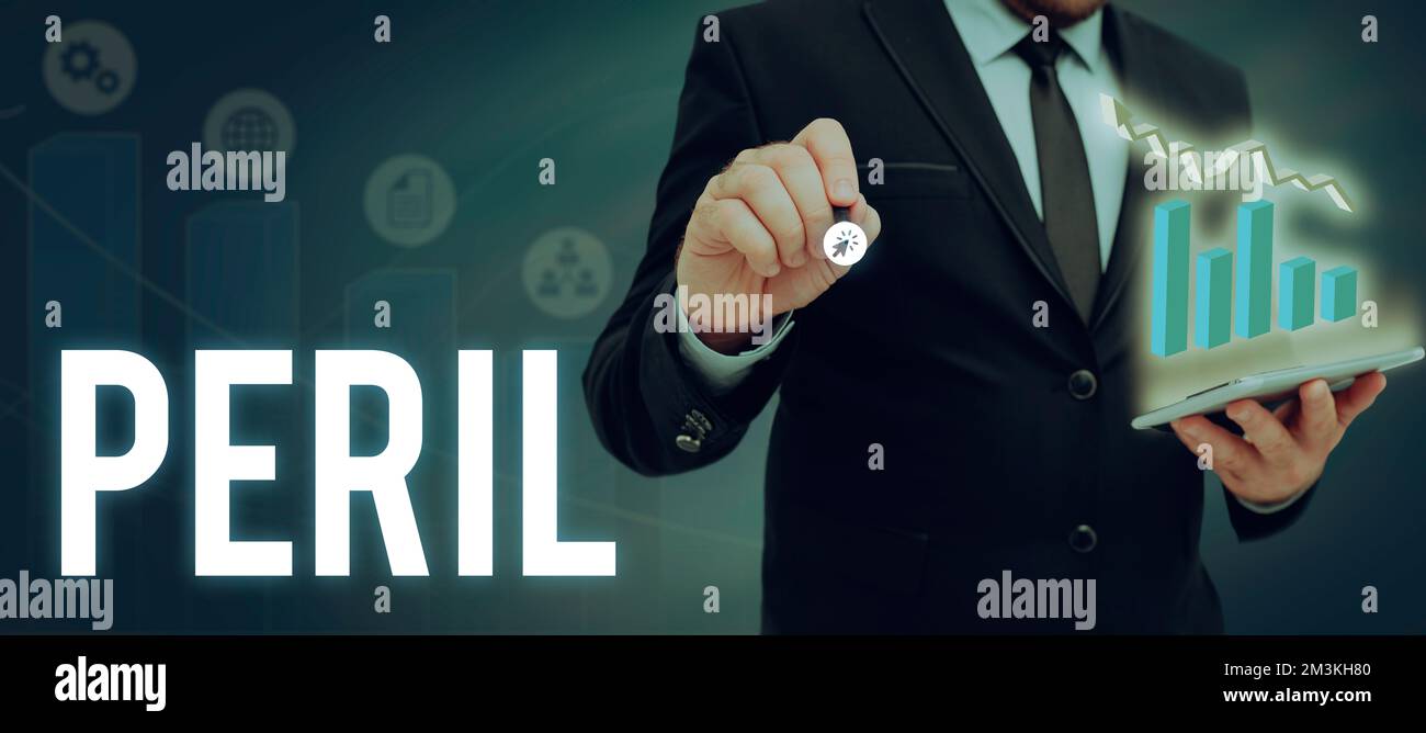 Sign displaying Peril. Word Written on indicates something extremely ...