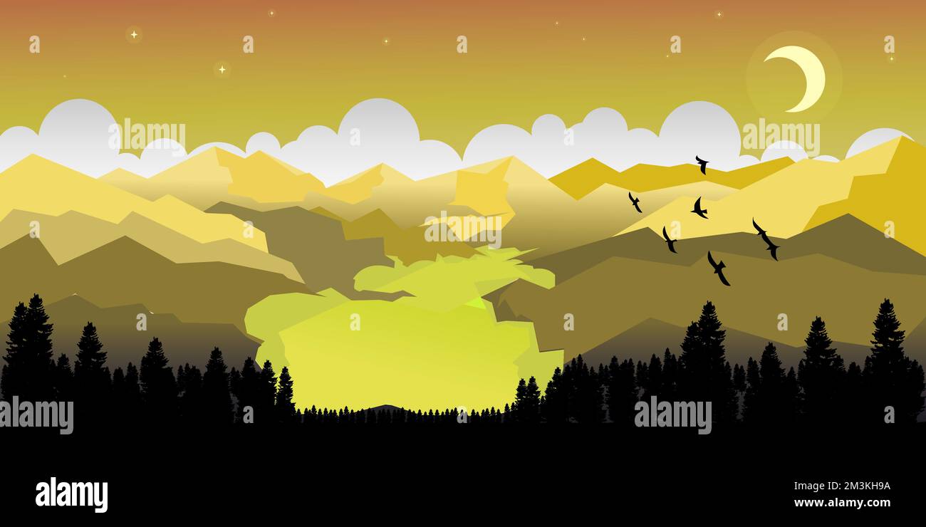 Amazing yellow mountain and river scenery at morning image graphic icon logo design abstract ...