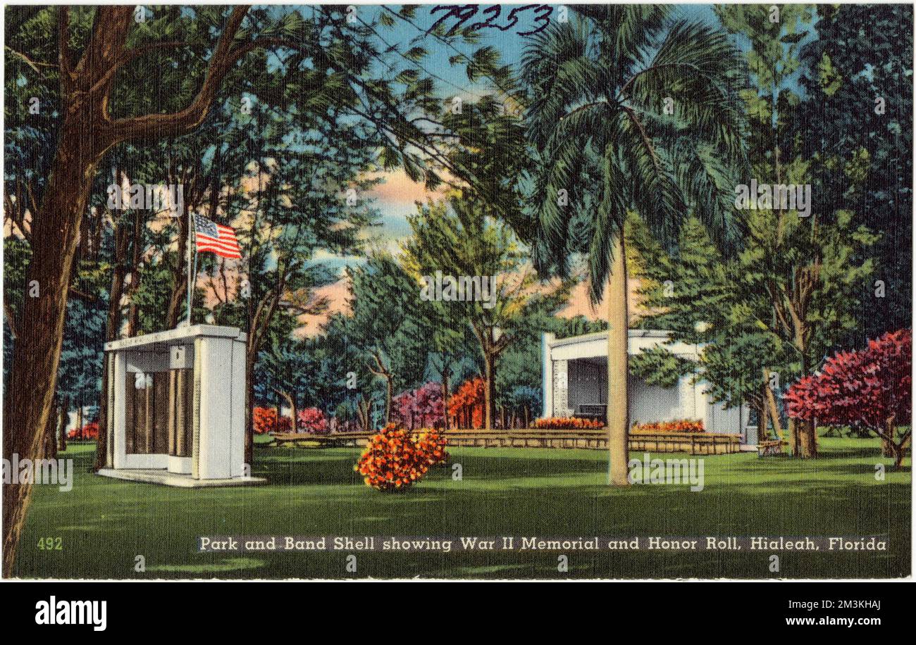 Park and band shell showing War II Memorial and Honor Roll, Hialeah ...