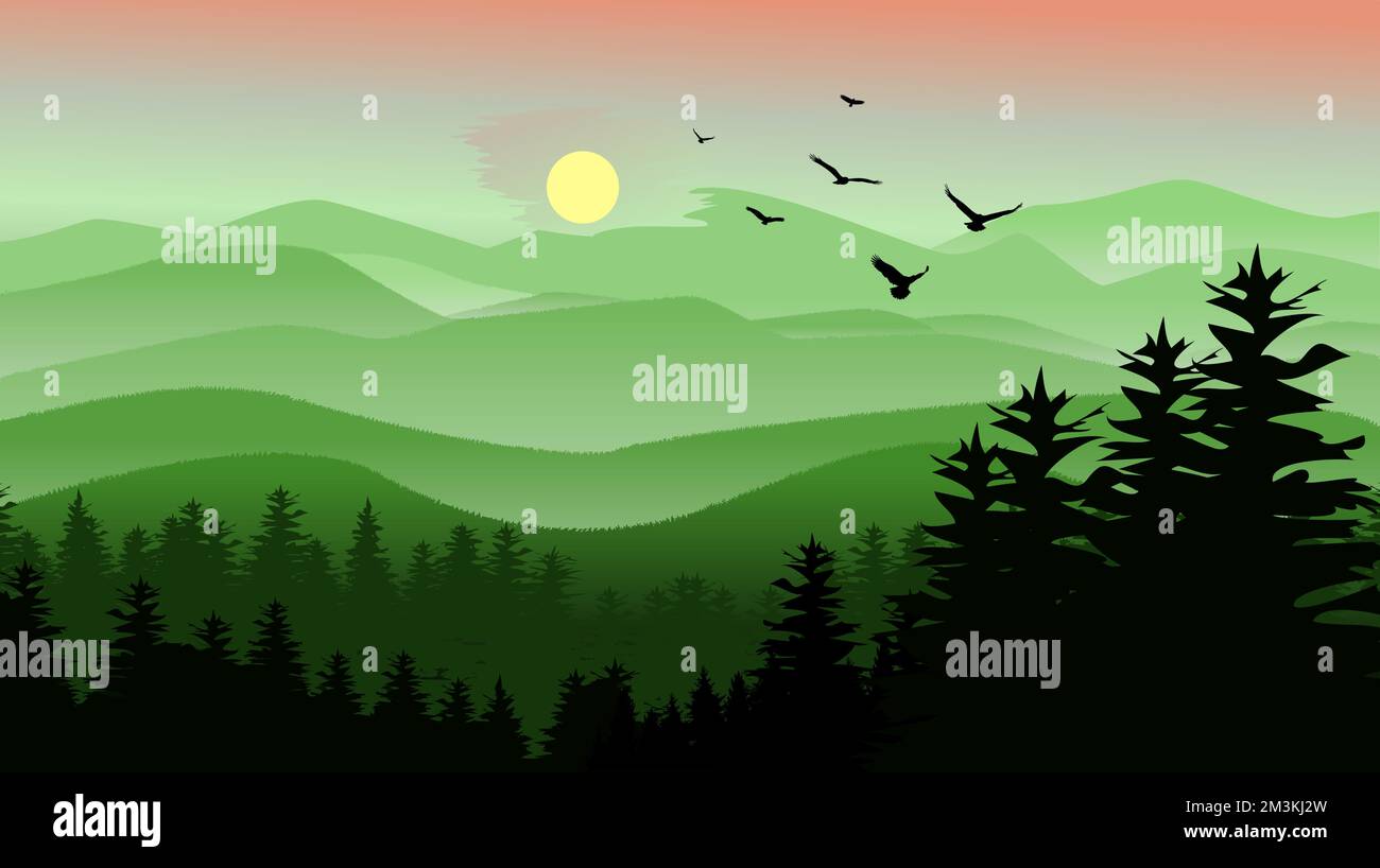 Amazing green mountain scenery at morning image graphic icon logo design abstract concept vector ...