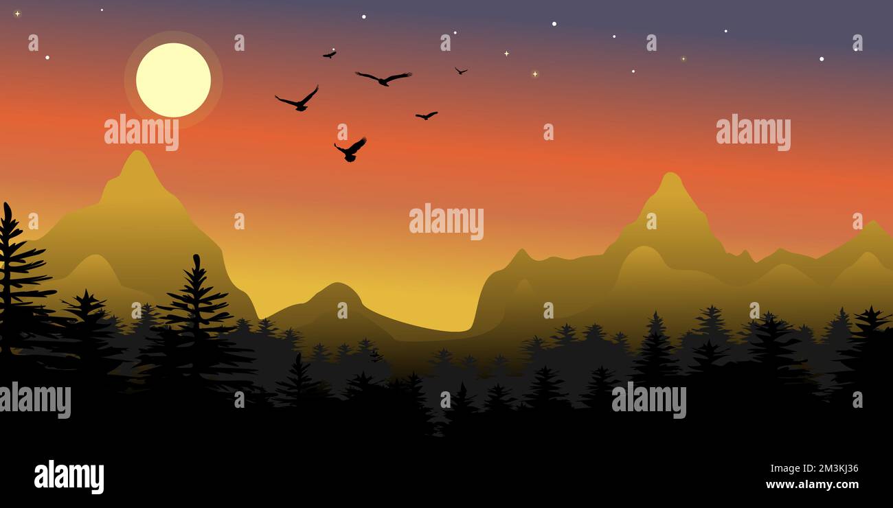 Amazing gold mountain scenery at night image graphic icon logo design abstract concept vector ...