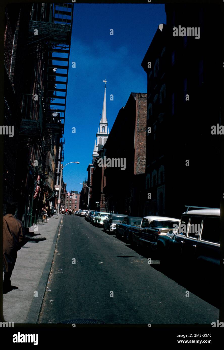 Partial view of Old North Church steeple at end of street , Streets ...
