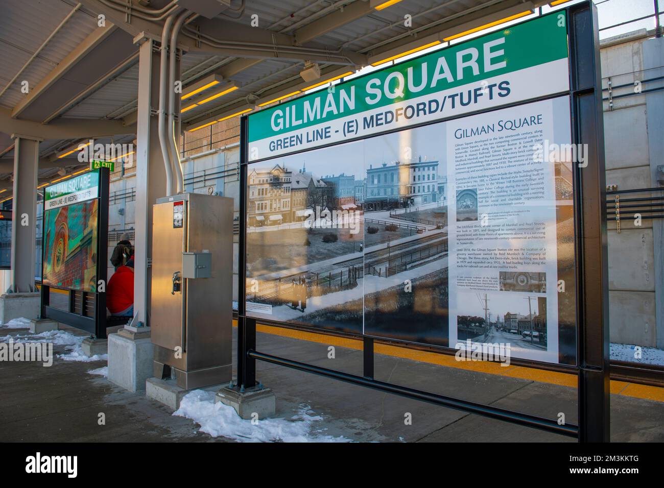Sign and map of MBTA Green Line Gilman Square station in city of ...
