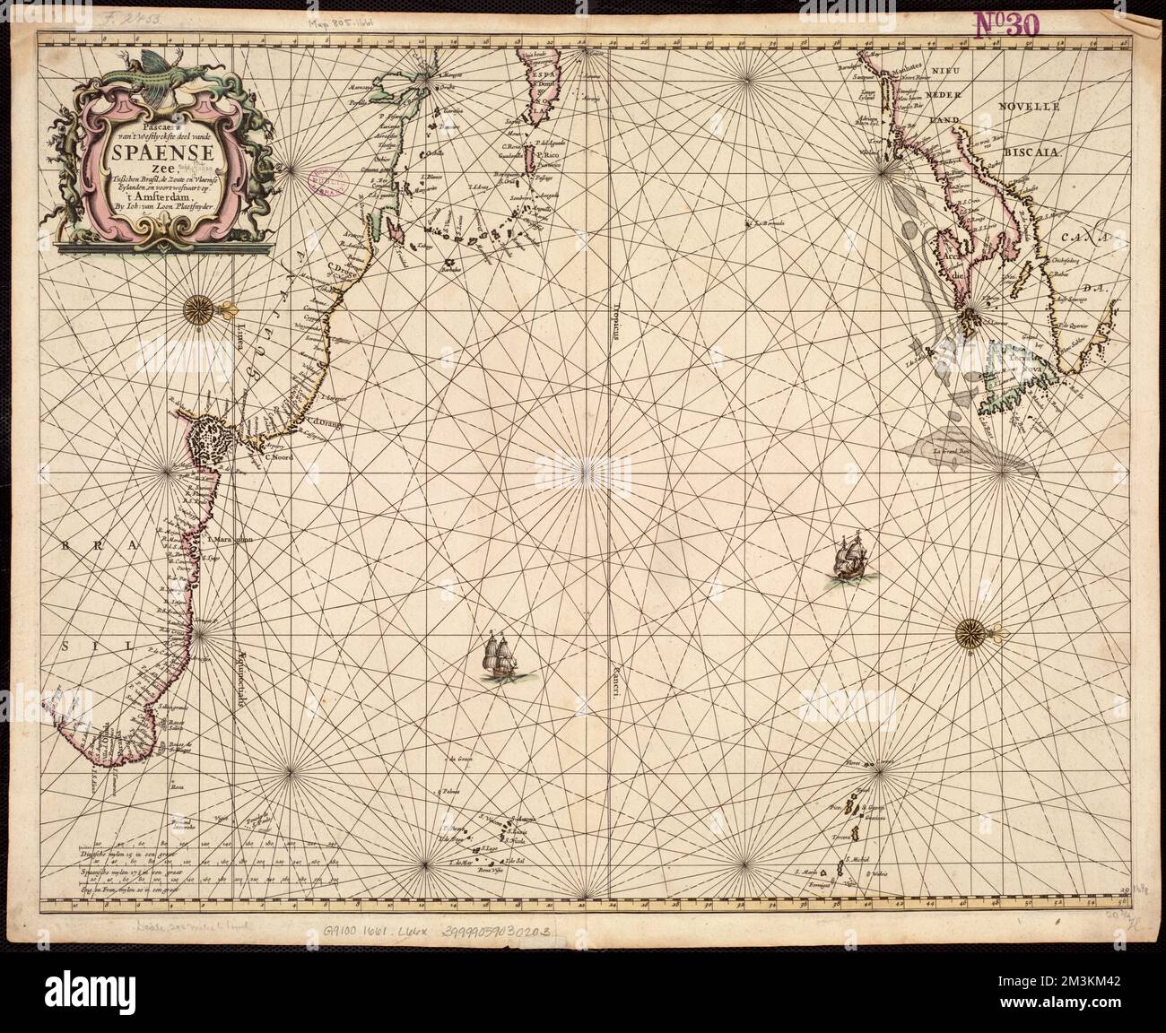 Pascaerte van 't westelyckste deel vande Spaense Zee, tuschen Brasil ...
