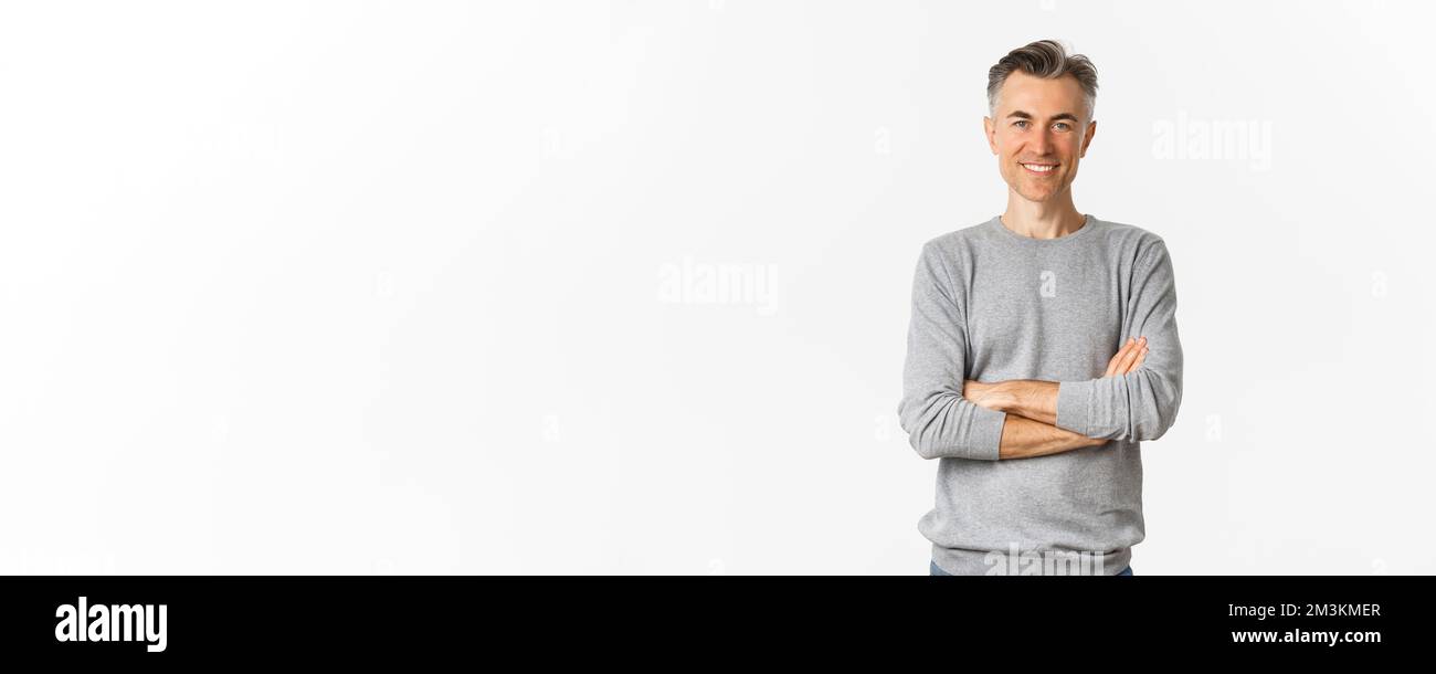 Image of successful and confident middle-aged man, cross arms on chest ...