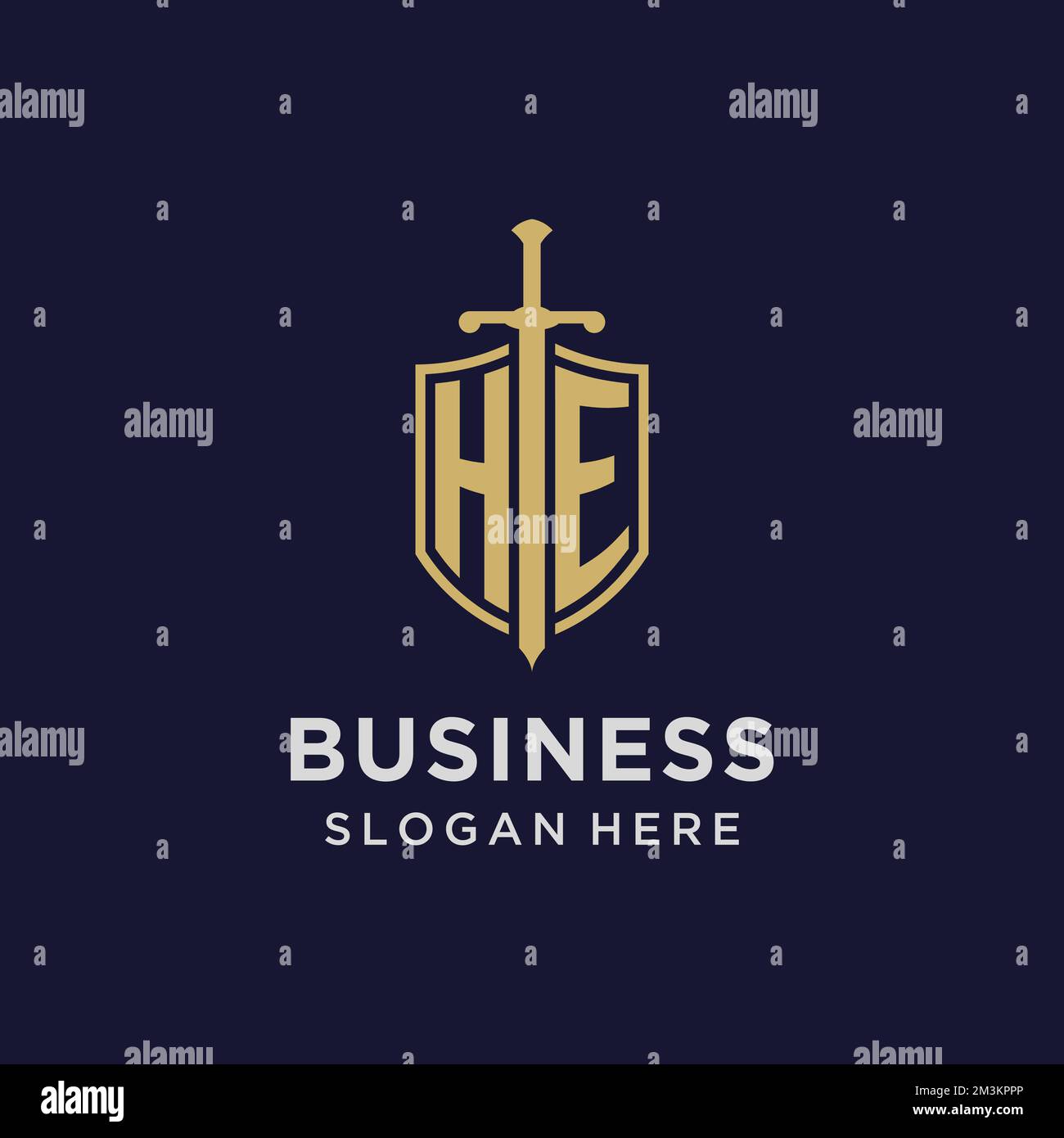 HE logo initial monogram with shield and sword design ideas Stock ...