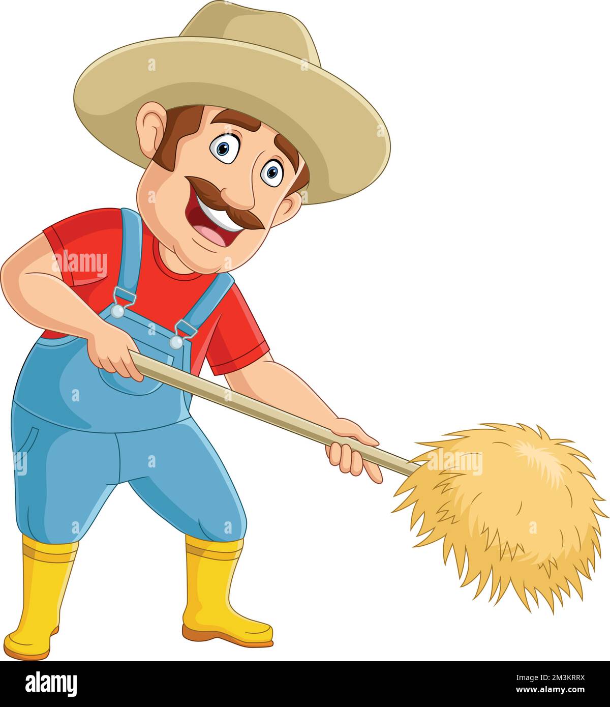 Cartoon farmer collecting hay with pitchfork Stock Vector Image & Art ...