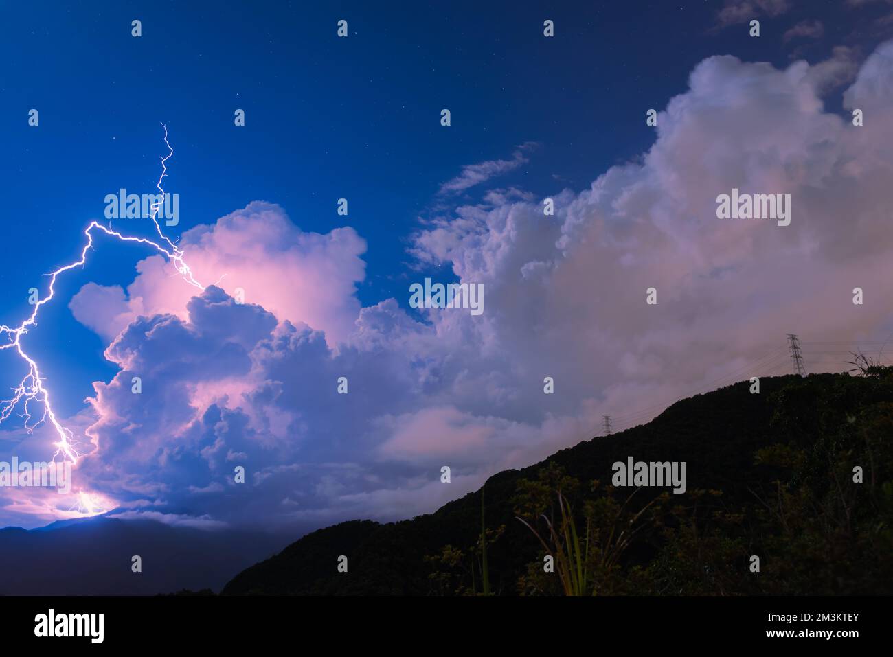 Night clear sky with thunder and lightning lightning. Blue sky, white ...