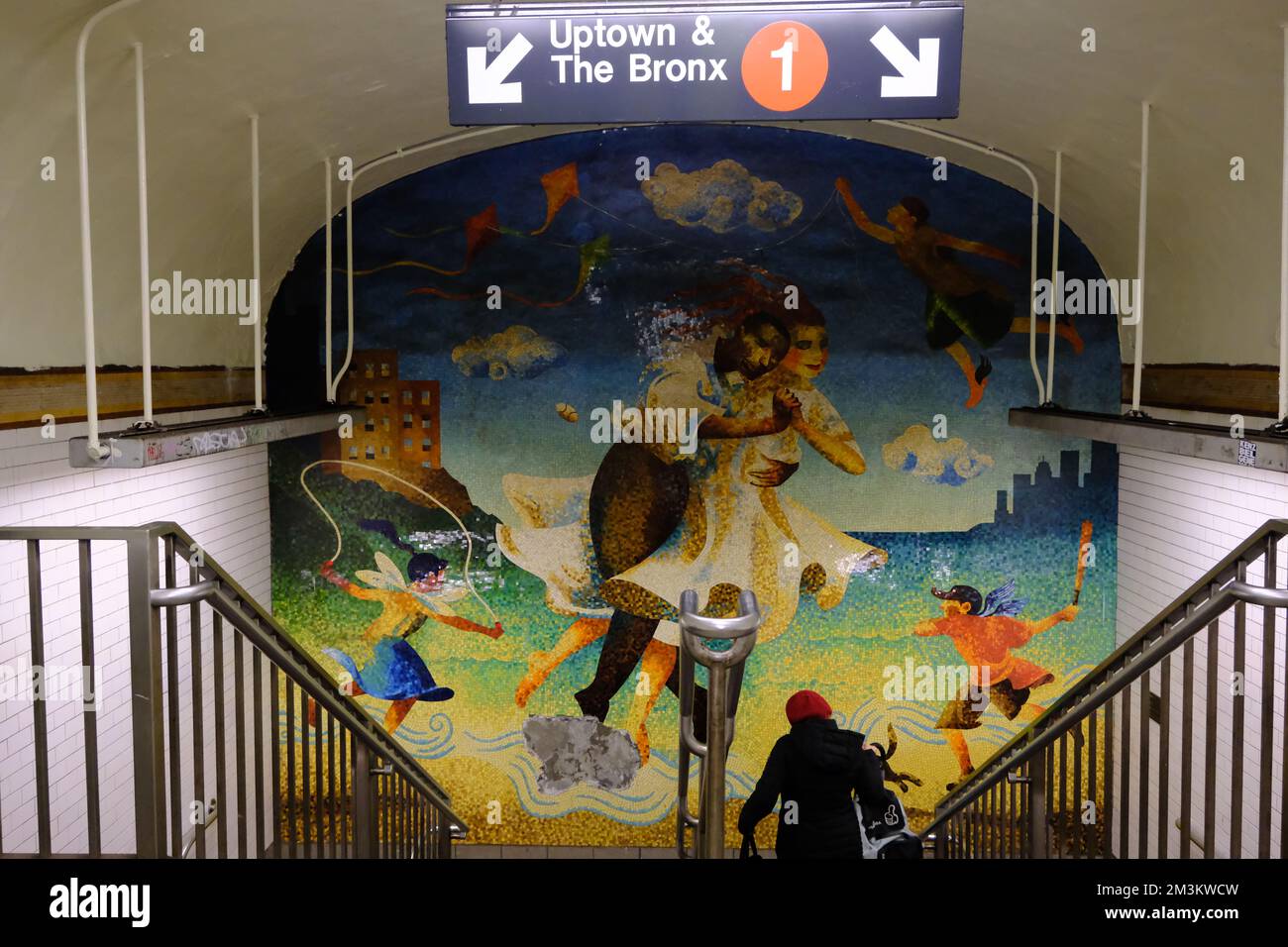 Interior view of 191st street line 1 subway station with mural ...