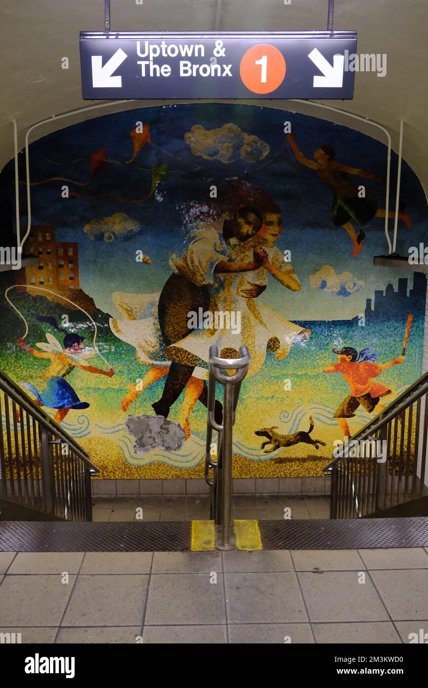 Interior view of 191st street line 1 subway station with mural ...