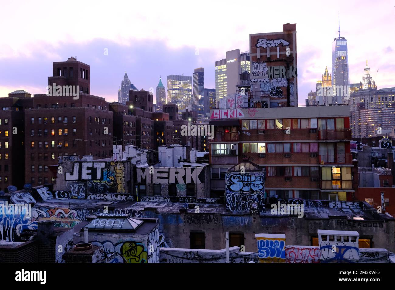 Twilight rooftop view of Lower East Side of Manhattan with One World ...