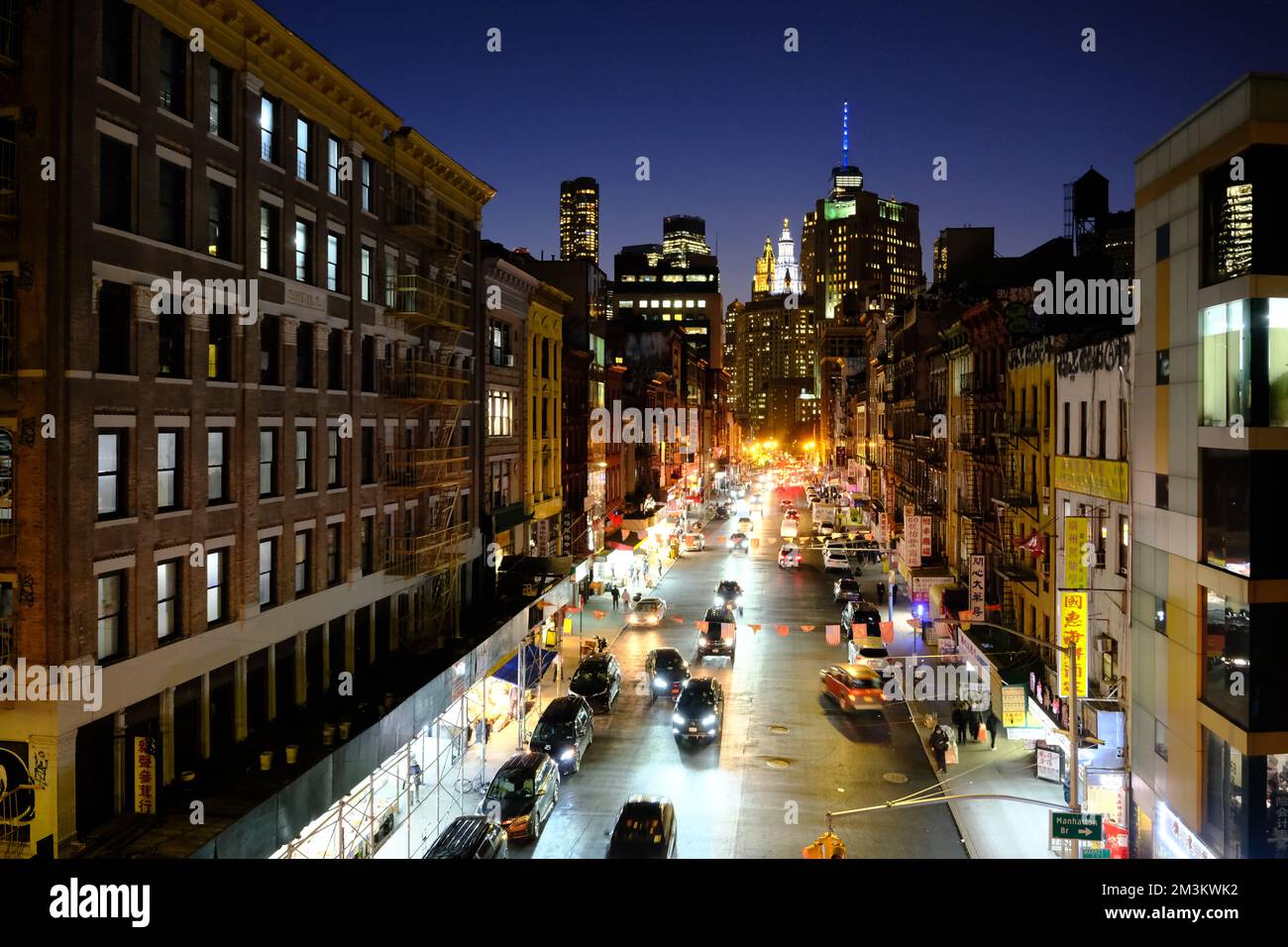 Twilight view of East Broadway in Lowe East Side of Manhattan with the ...