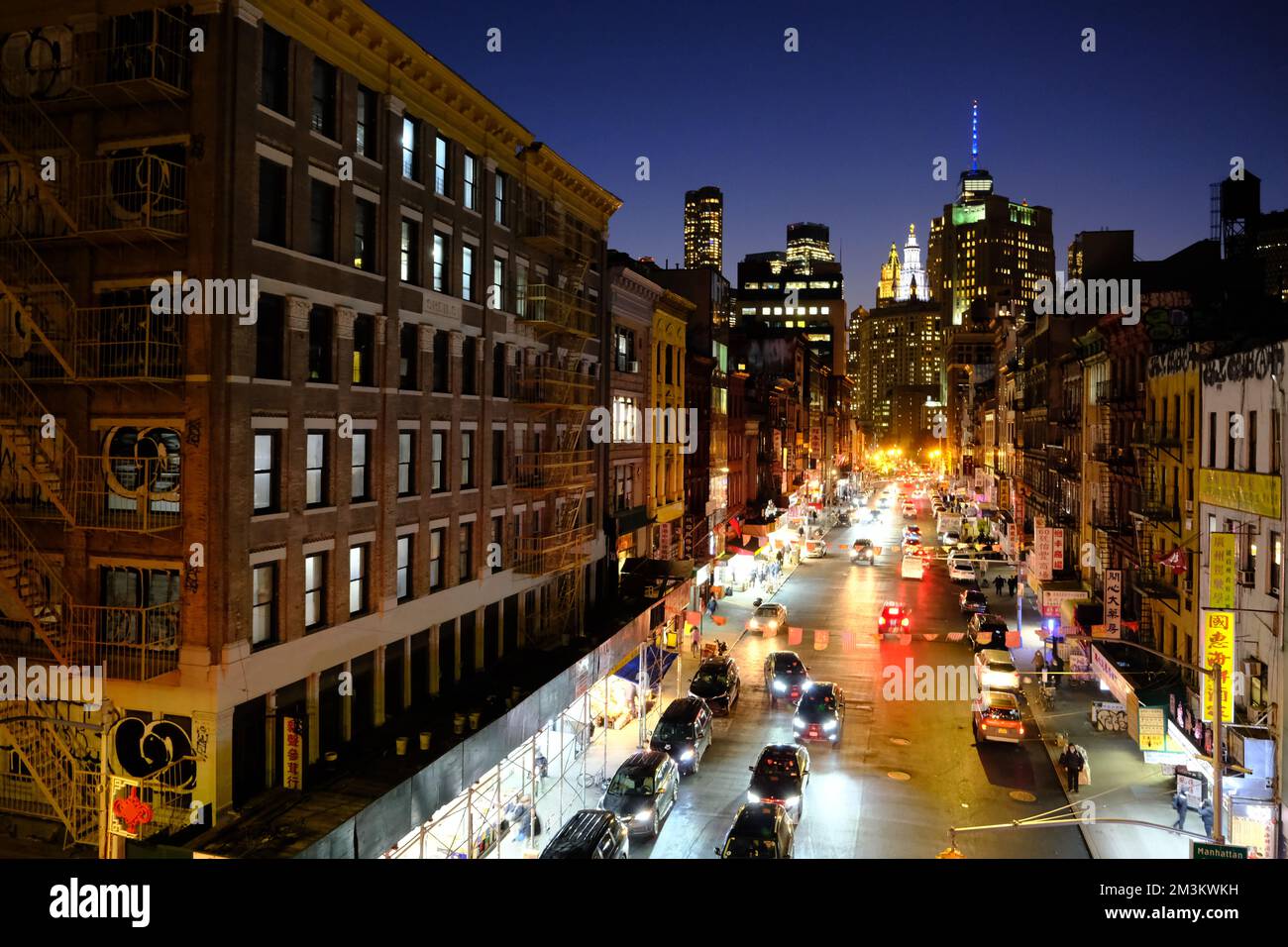Twilight view of East Broadway in Lowe East Side of Manhattan with the ...