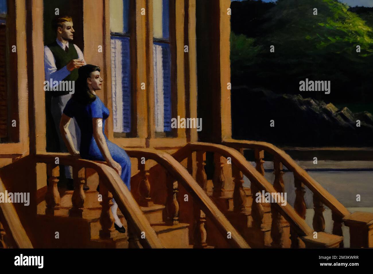 A closed up view of Sunlight on Brownstones, 1956 by Edward Hopper display in the exhibition of ...