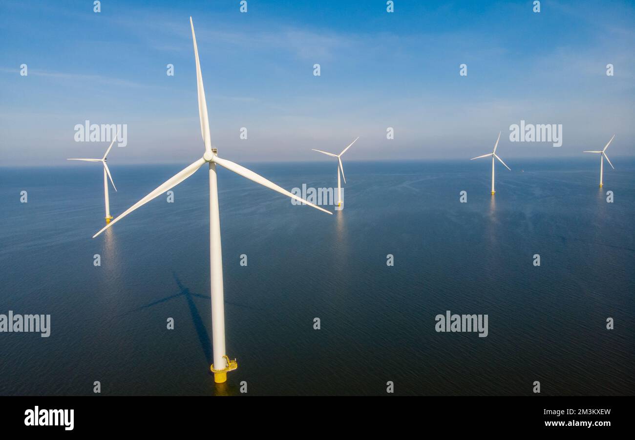 Windmill park with windmill turbines in the Netherlands, drone aerial ...