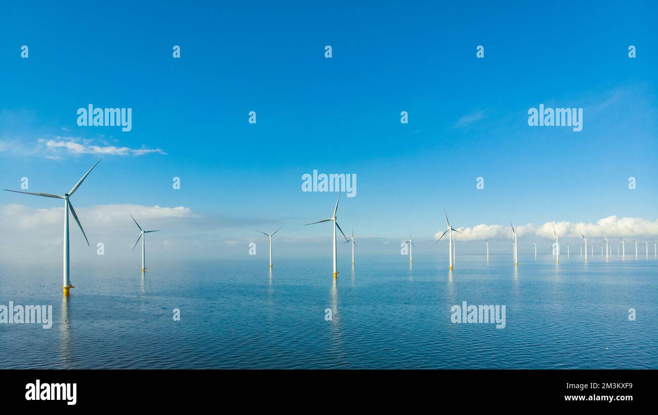 Windmill park with windmill turbines in the Netherlands, drone aerial ...