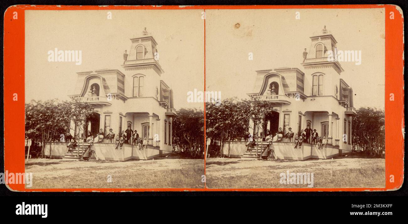 Photograph of people on the steps, porch, balcony, ledge, and roof of a ...