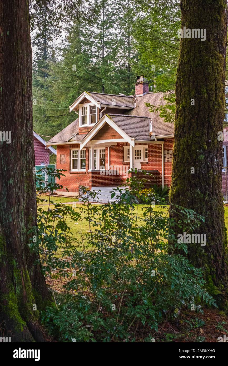 Beautiful red brick single family home with green grass and large trees ...