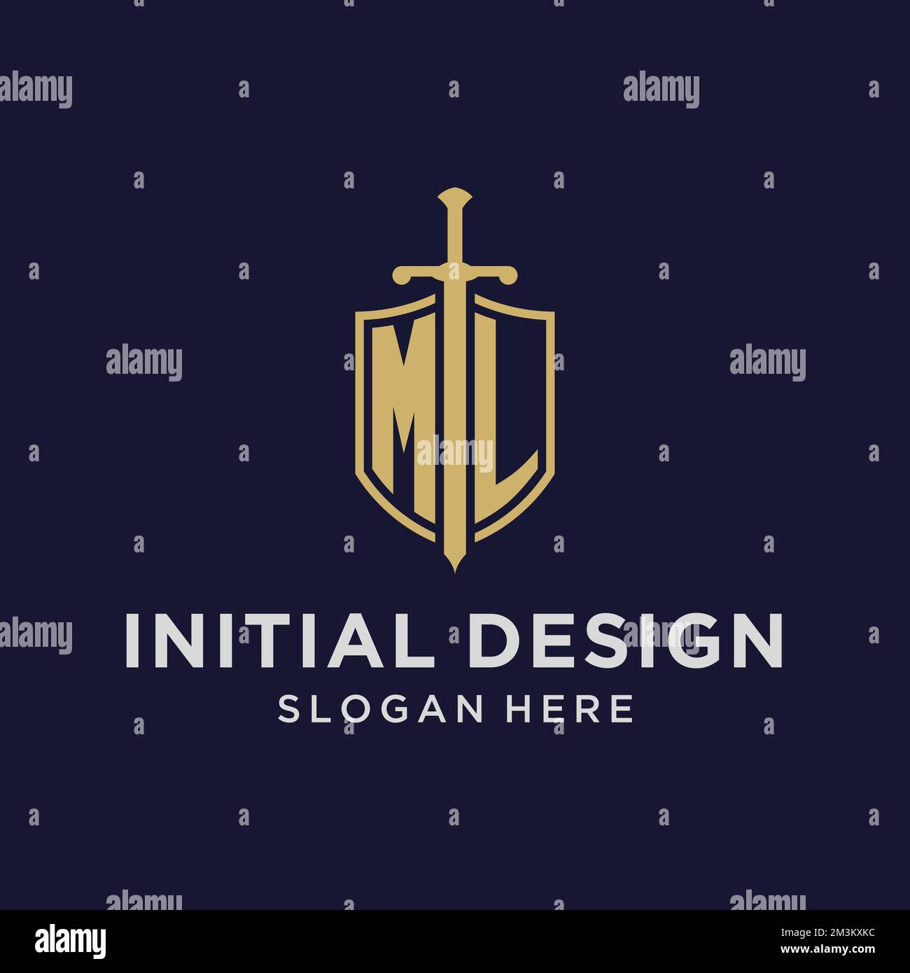 ML logo initial monogram with shield and sword design ideas Stock ...