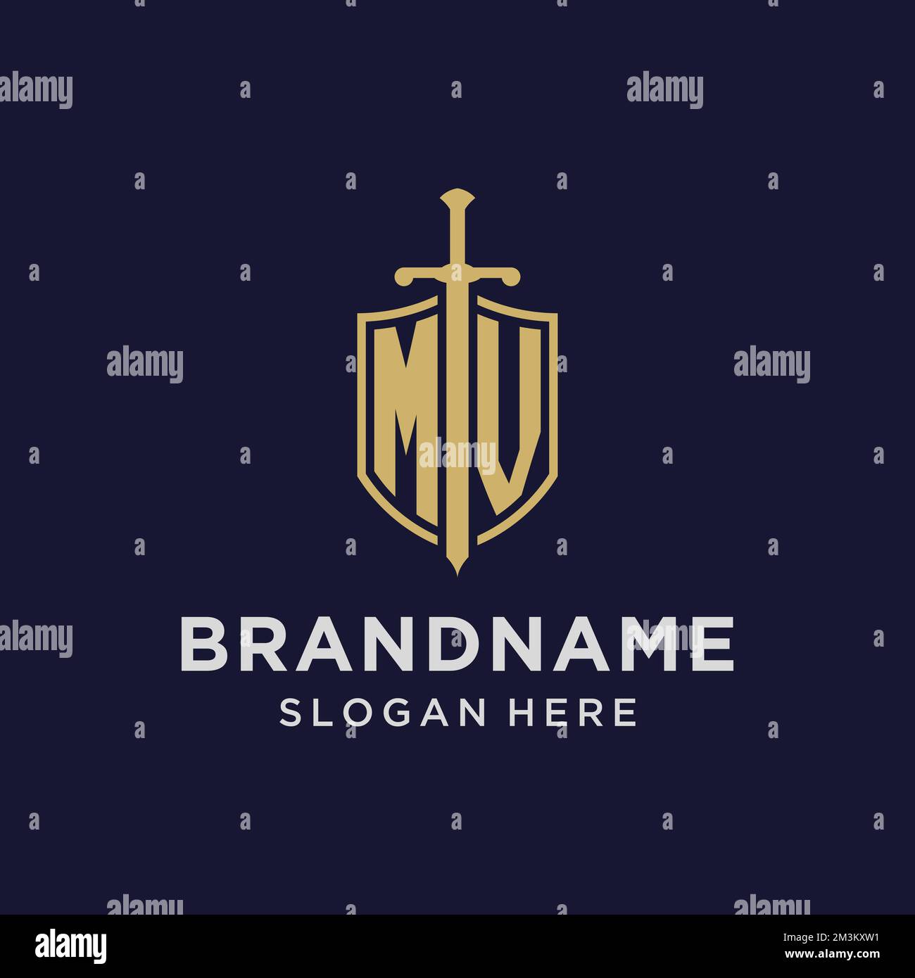 MV logo initial monogram with shield and sword design ideas Stock ...
