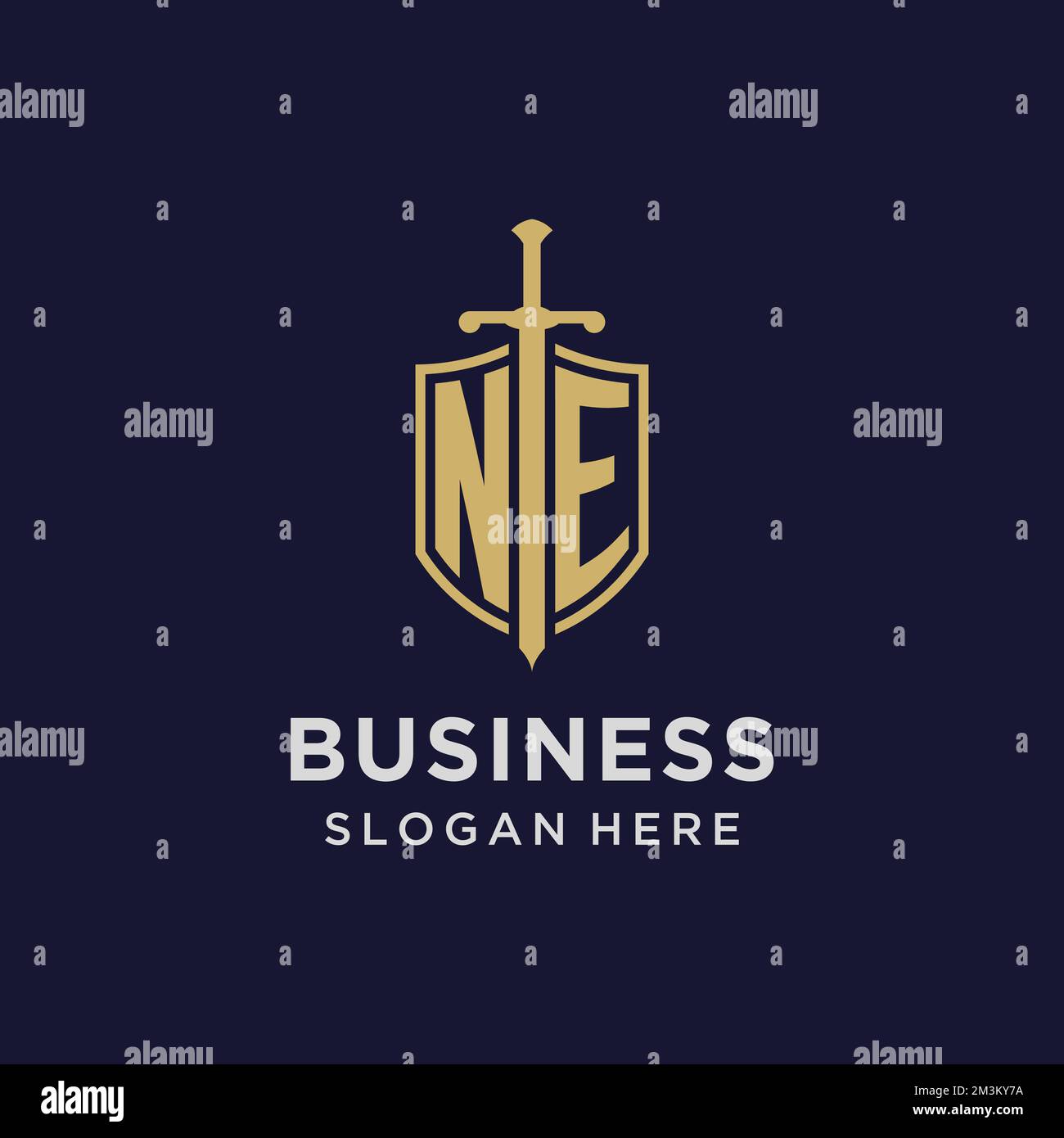 NE logo initial monogram with shield and sword design ideas Stock ...