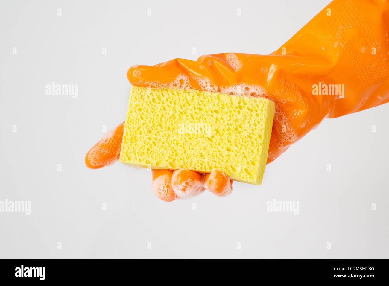 Cleaner concept, Hand in orange rubber gloves and holding yellow sponge ...