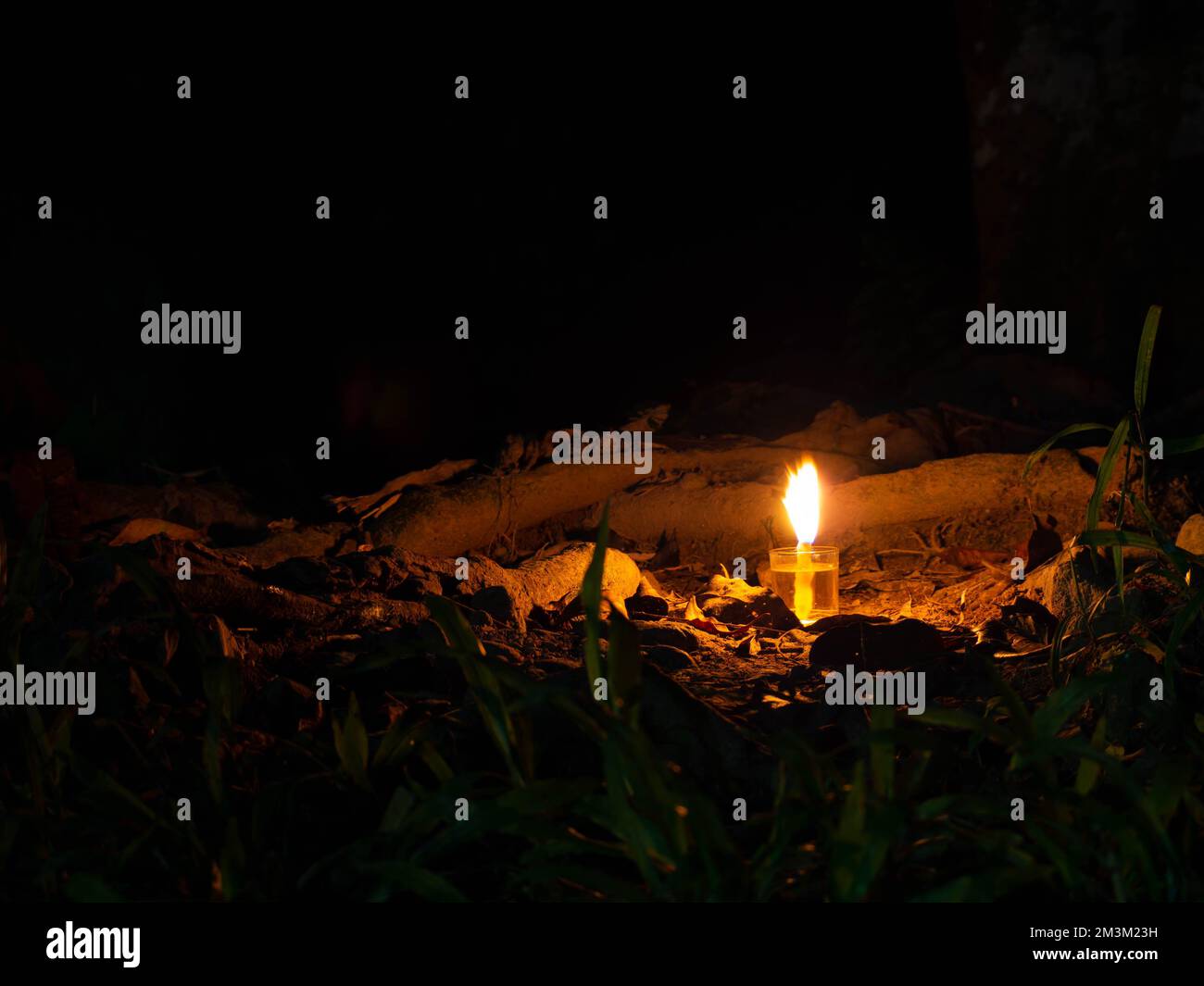 The light from a small lantern shone on the grass and stone Stock Photo ...