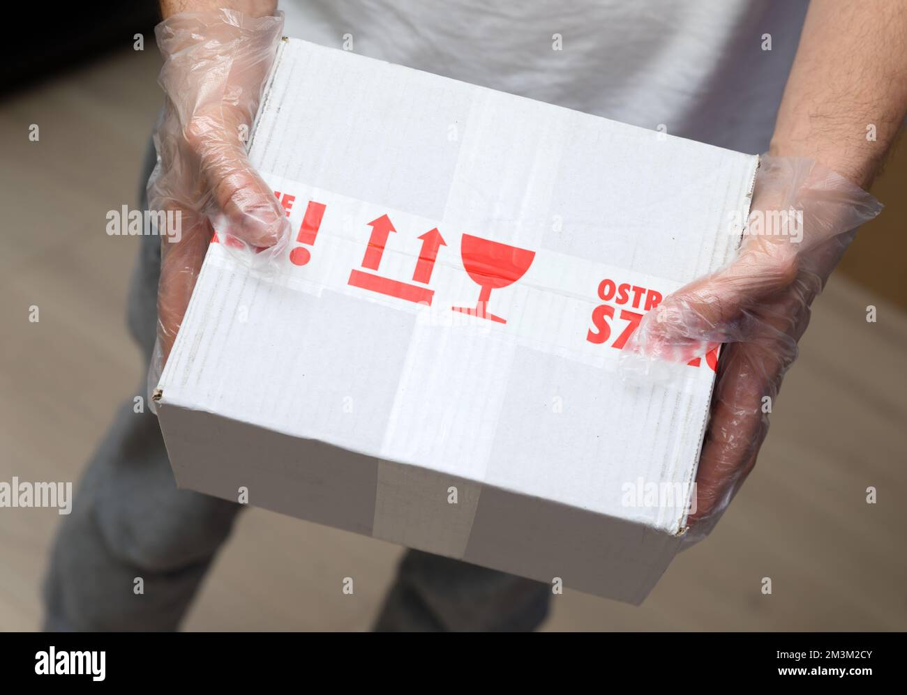 A closeup of human hands wearing disposable plastic gloves and holding ...