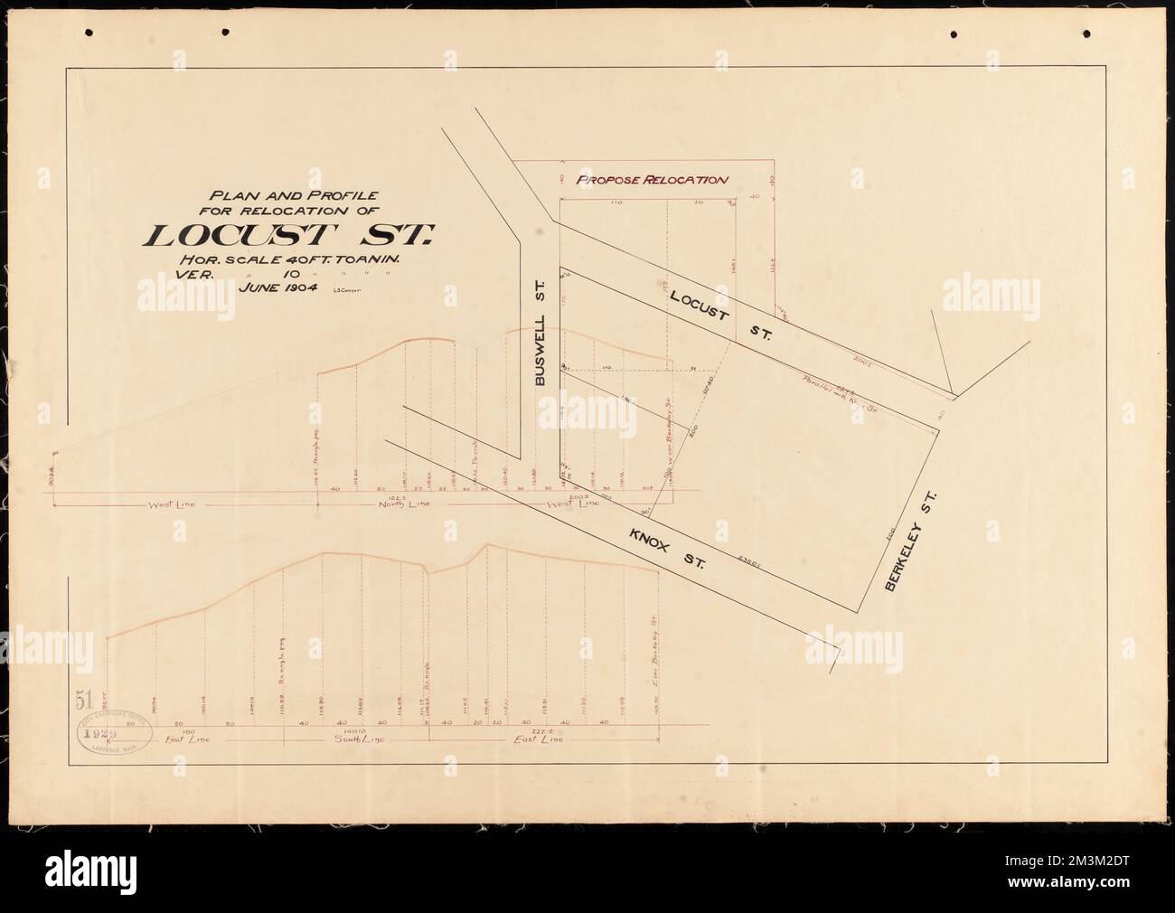 Plan and profile for relocation of Locust St. , Streets. Lawrence Stock ...