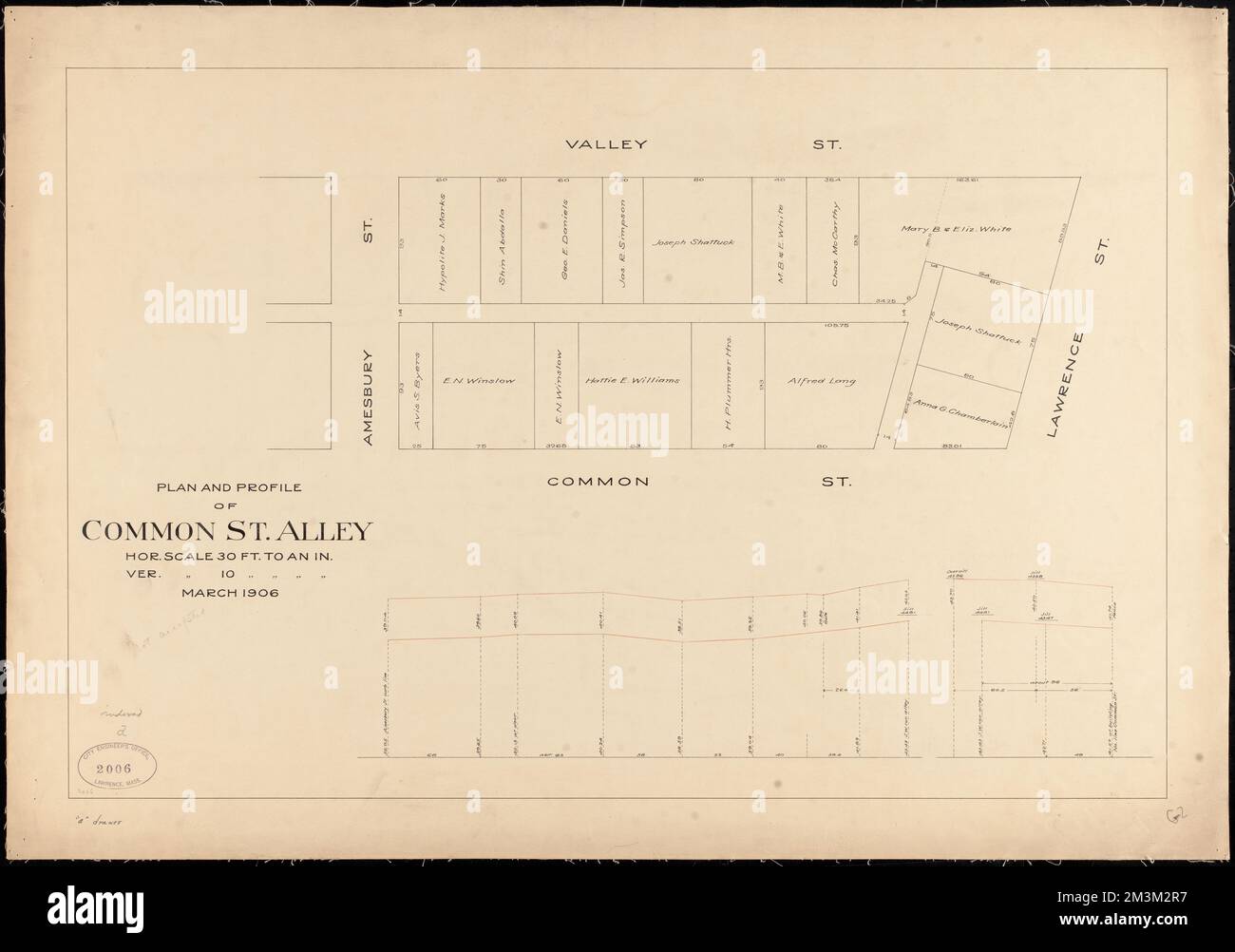 Plan and profile of Common St. Alley , Streets. Lawrence Stock Photo ...