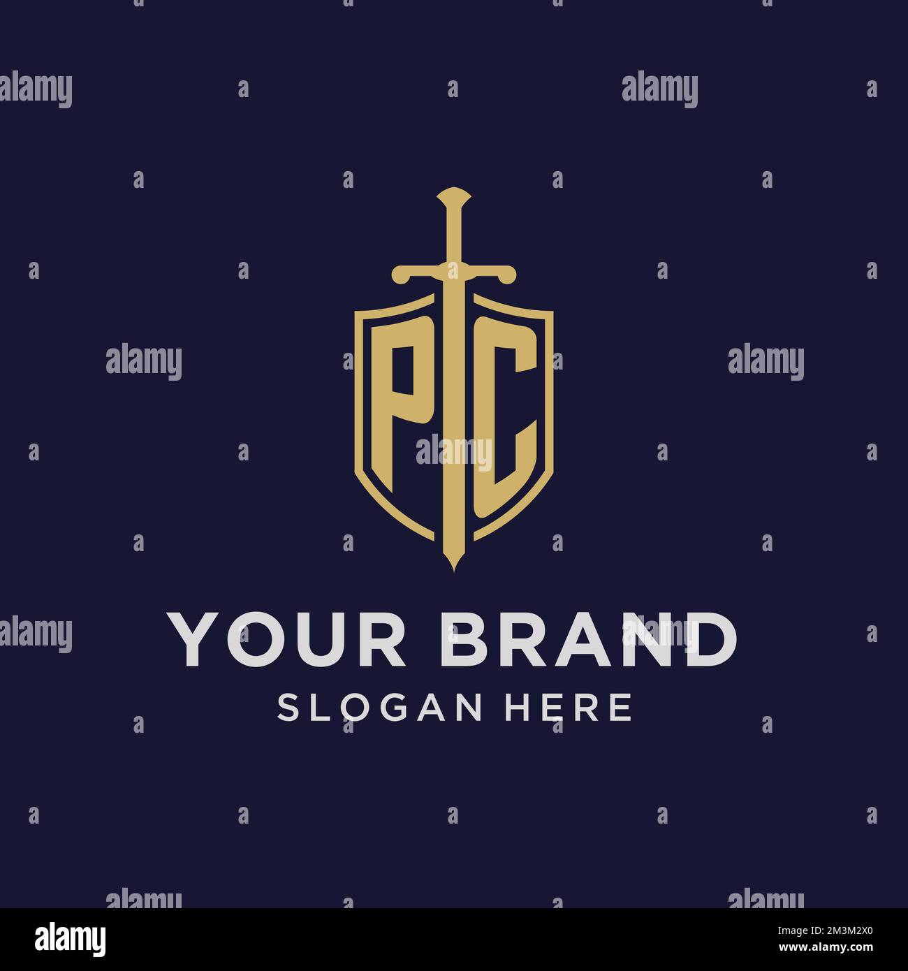 PC logo initial monogram with shield and sword design ideas Stock ...