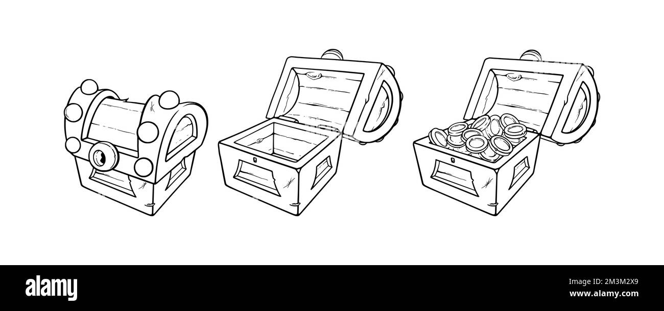 Treasure chests with golden coins. Set of wooden open and closed chests ...