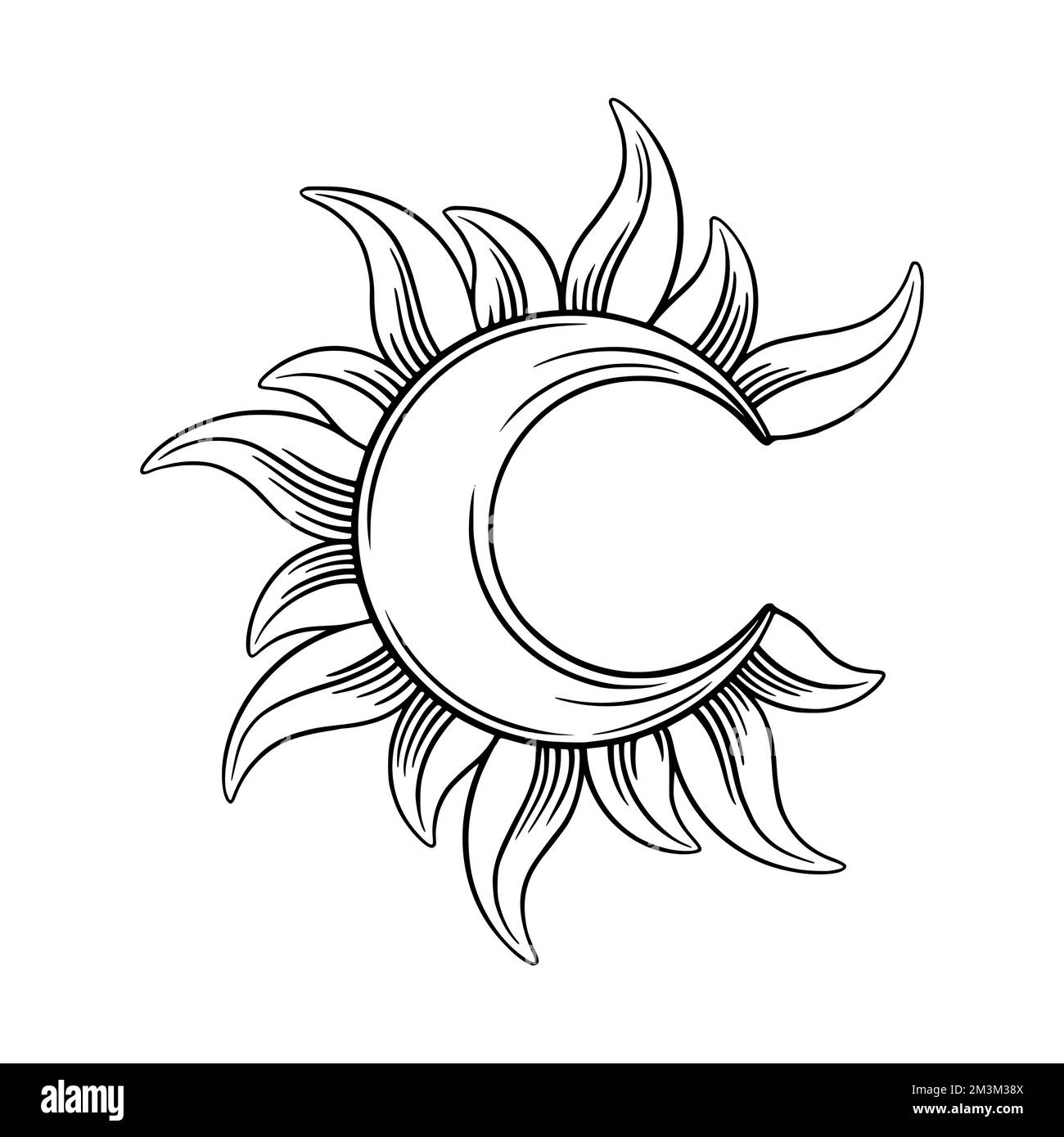 Tarot crescent moon sketch. Spiritual tarot moon or sun eclipse. Vector ...