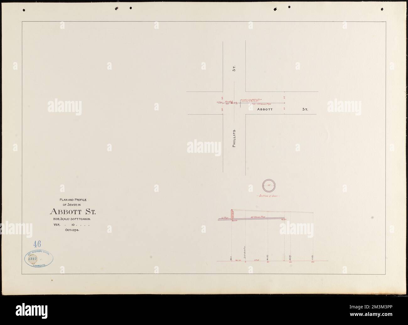 Plan and profile of sewer in Abbott St. , Sewers, Streets. Lawrence ...