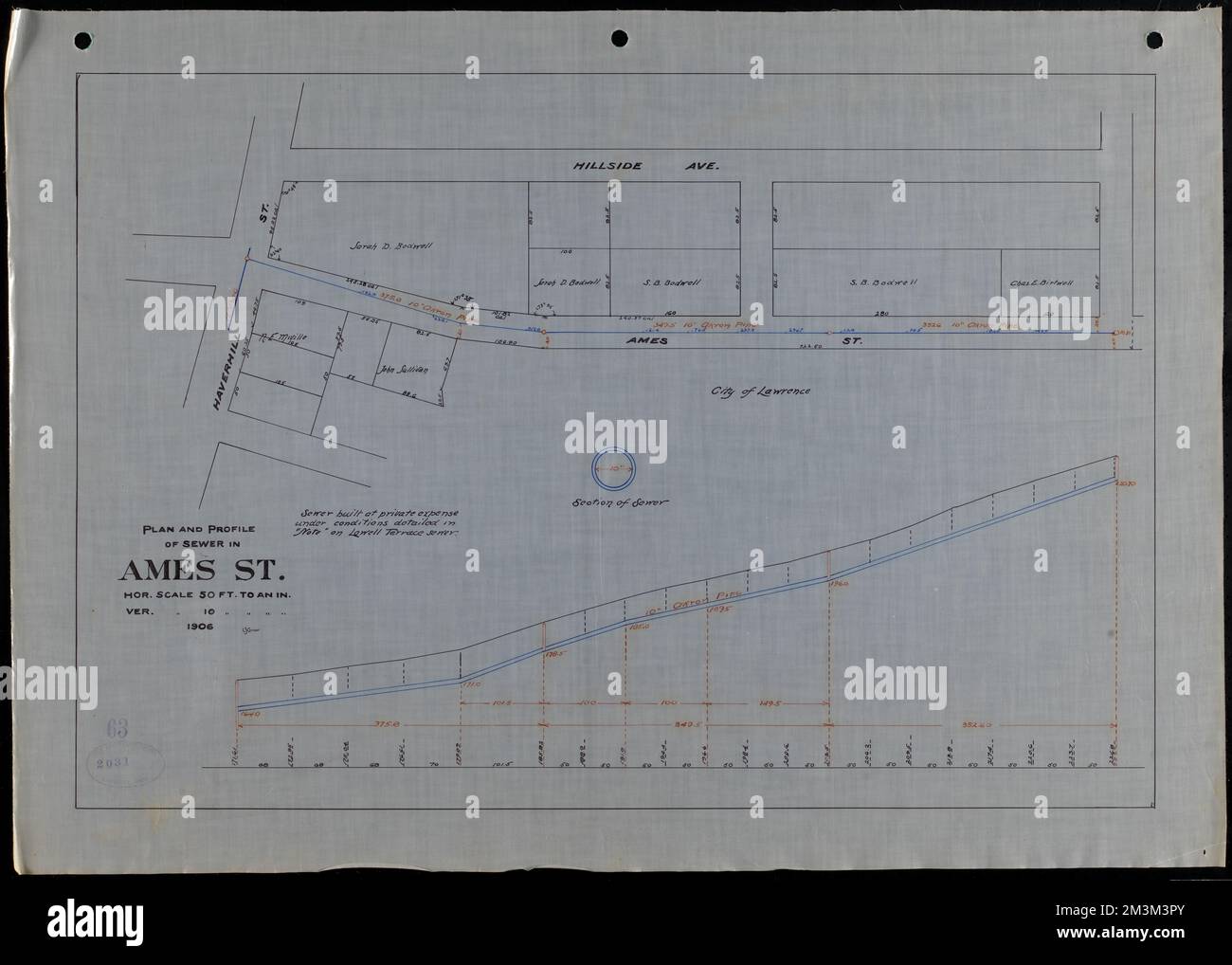 Plan and profile of sewer in Ames St. , Sewers, Streets. Lawrence Stock ...